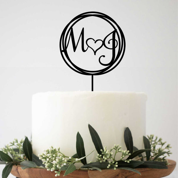 Circle with Initials & Heart Cake Topper – Yellow Flamingo